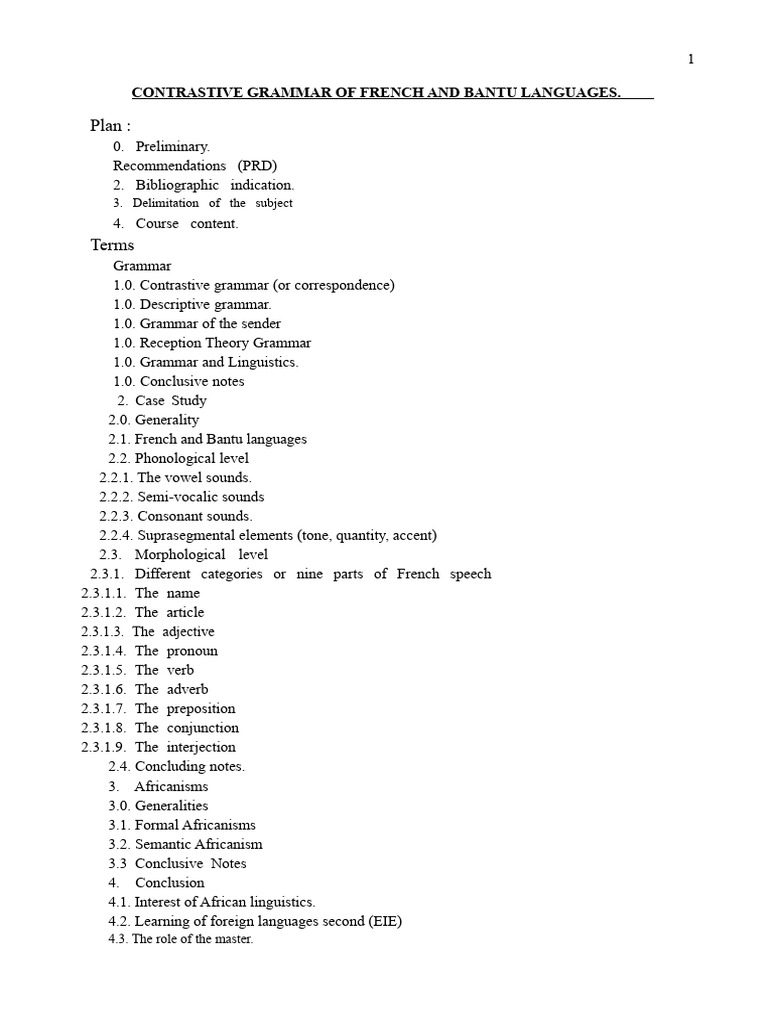 Contrastive Grammar Course of French and Bantu Languages | PDF ...