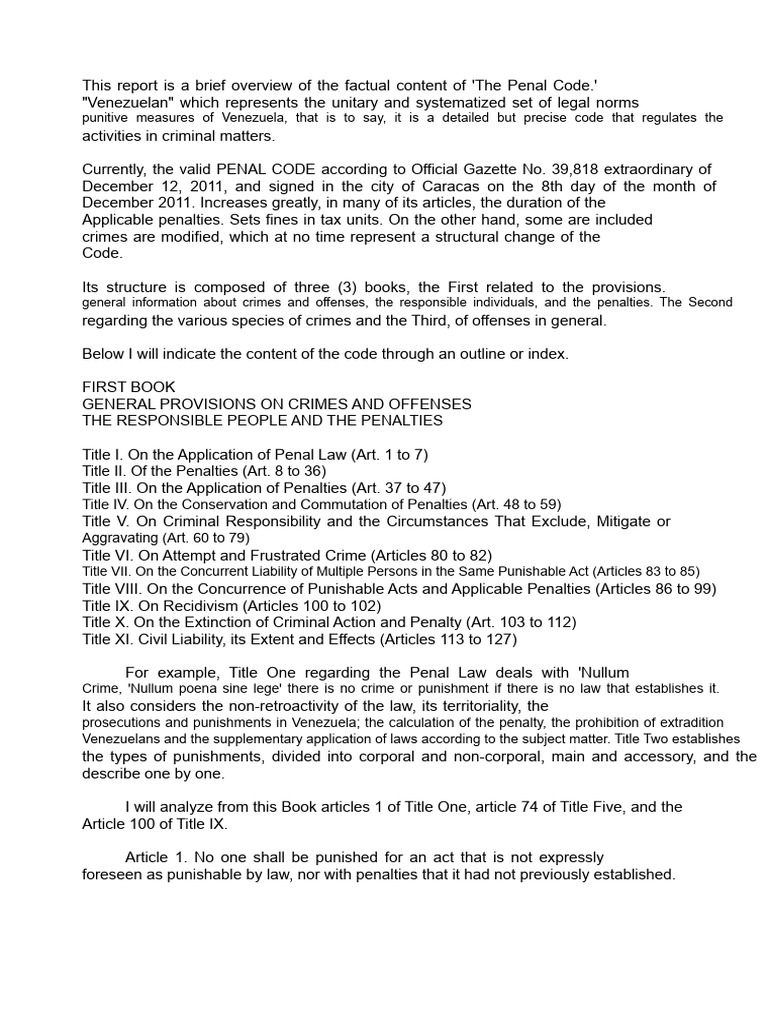 Overview of Venezuela's Penal Code | PDF | Crimes | Crime & Violence