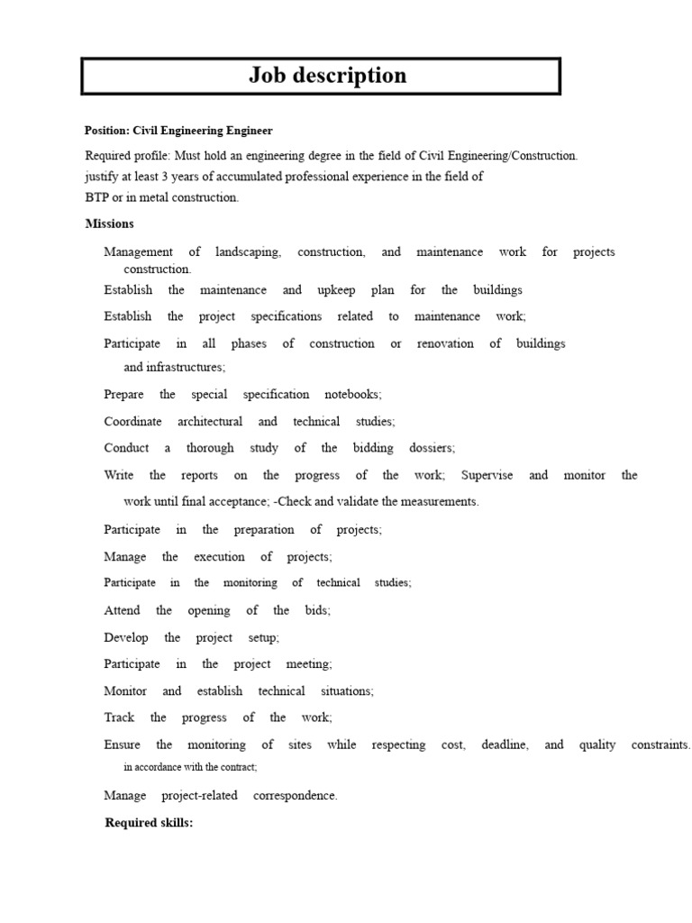 Civil Engineering Engineer Job Description | PDF | Skill