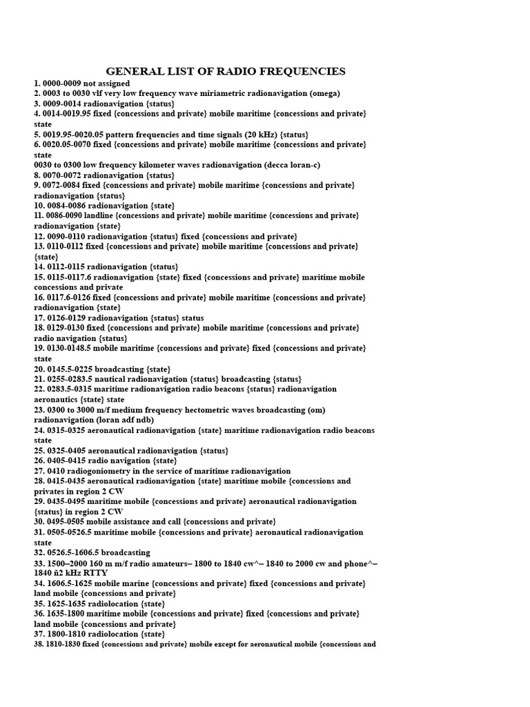 Radio Frequencies Overview List | PDF | High Frequency | Radio