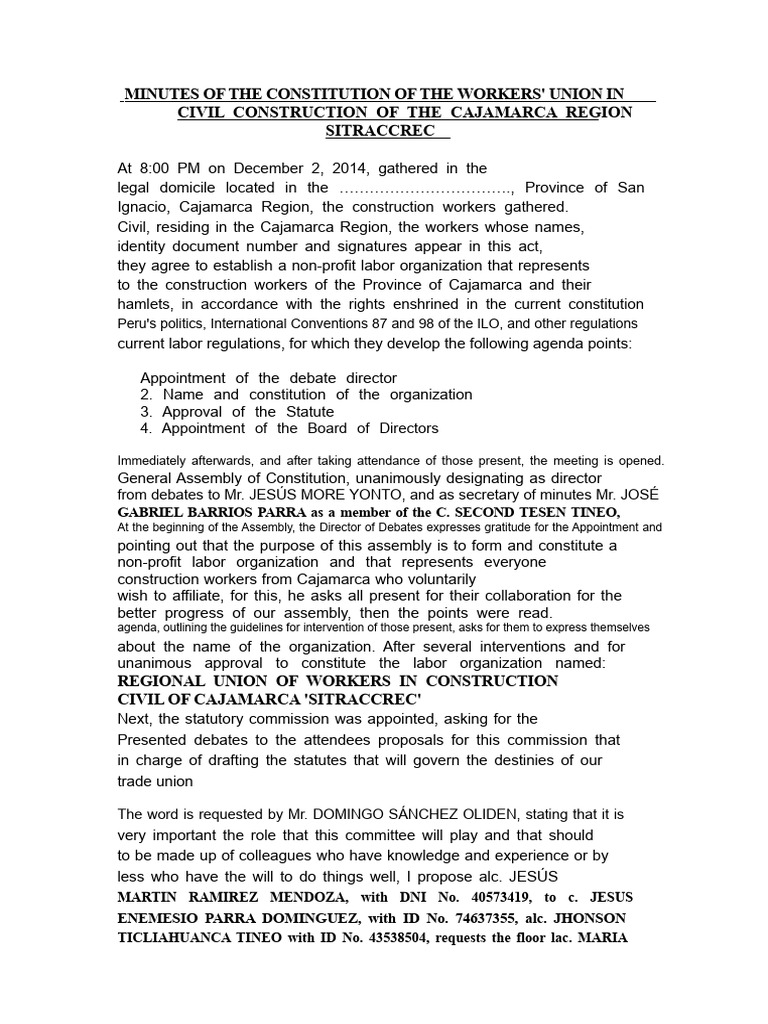 Constitution of SITRACCREC Union in Cajamarca | PDF | United Nations ...