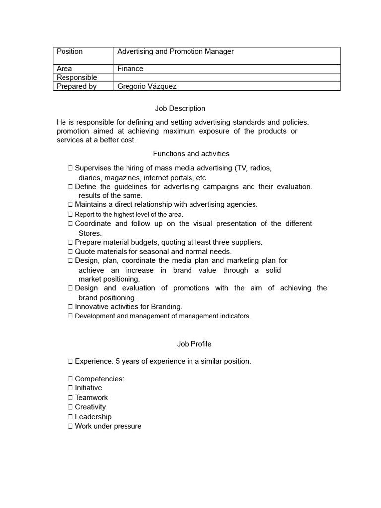 Advertising and Promotion Manager Role | PDF | Advertising | Leadership
