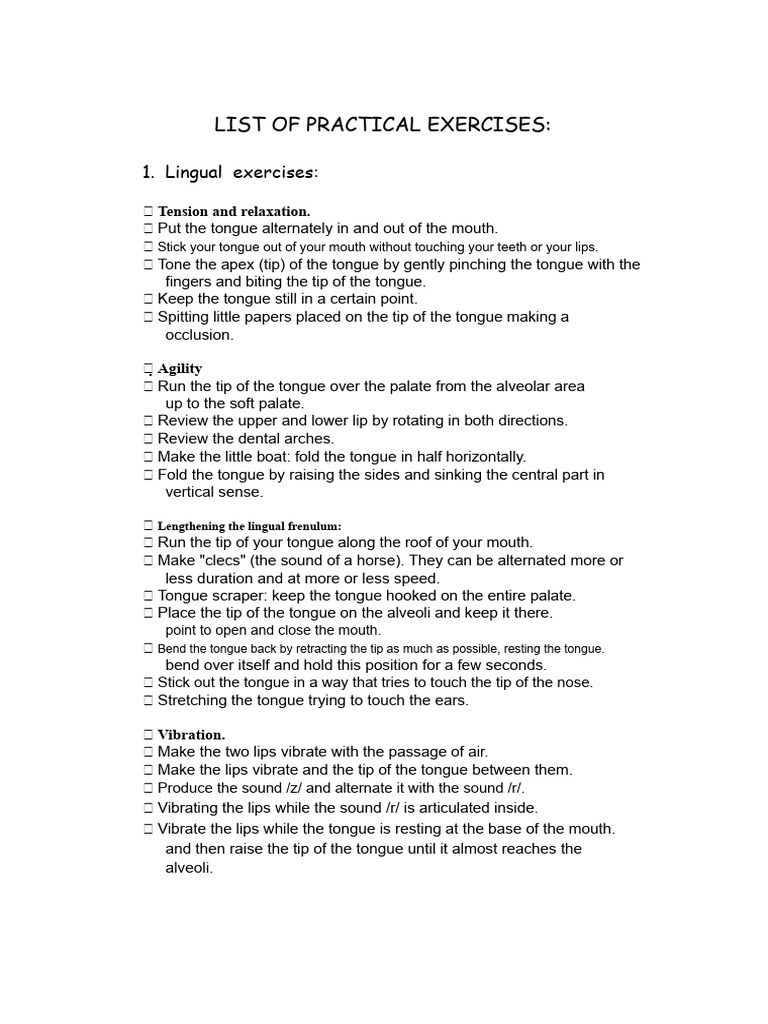 List of Practical Exercises | PDF | Tongue | Lip