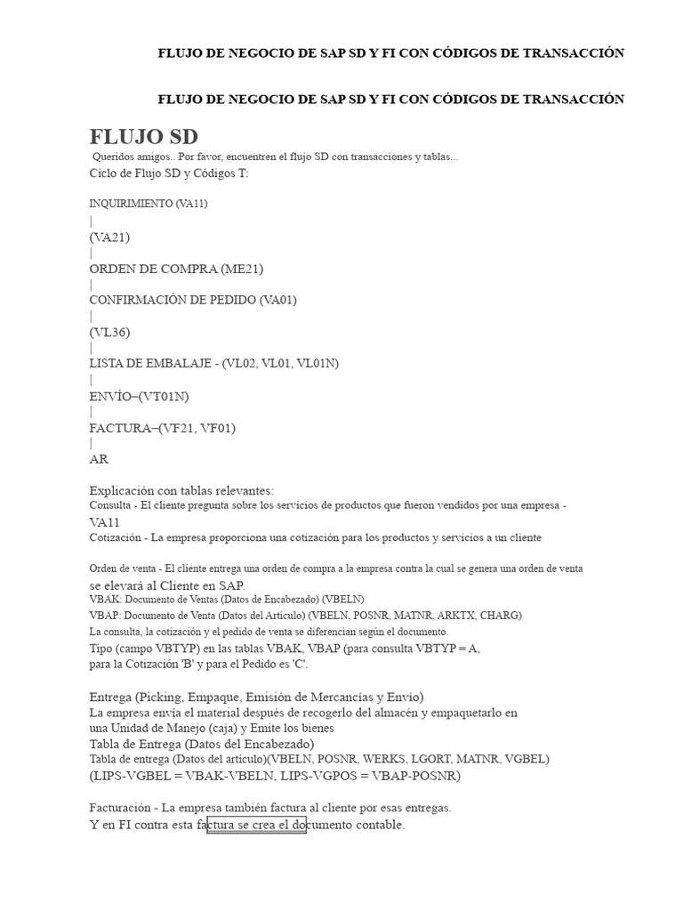 Flujo SAP SD y FI: Códigos de Transacción | PDF | Contabilidad ...