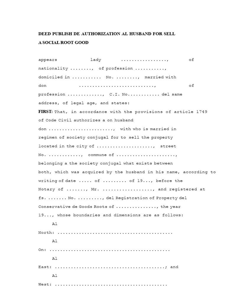 Public Deed of Authorization To The Husband To Sell A Social Real ...