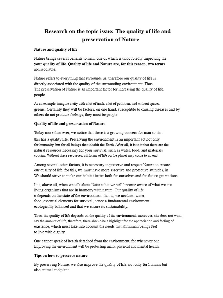The Quality of Life and Preservation of Nature | PDF | Nature | Waste