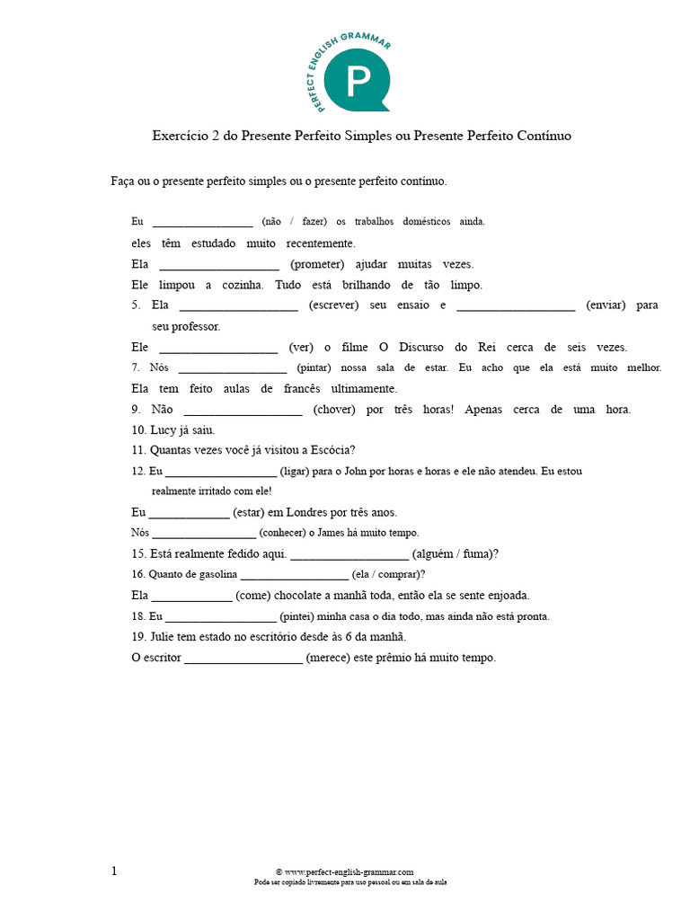 Presente Perfeito Simples Ou Presente Perfeito Contínuo 2 | PDF