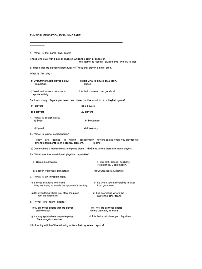 5th Grade Physical Education Exam | PDF | Volleyball | Sports