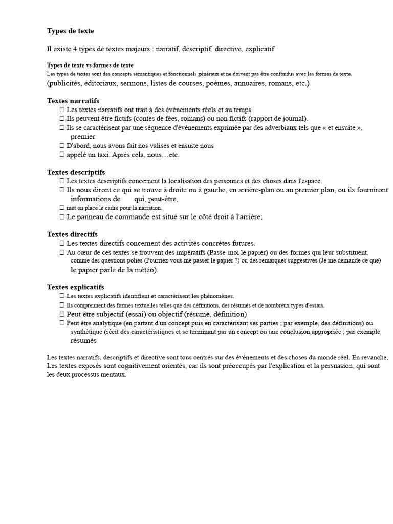 Types de textes : narratif, descriptif, directif, explicatif | PDF