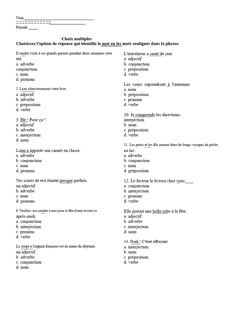 Exercices sur les parties du discours | PDF | Nature (grammaire) | Phrase
