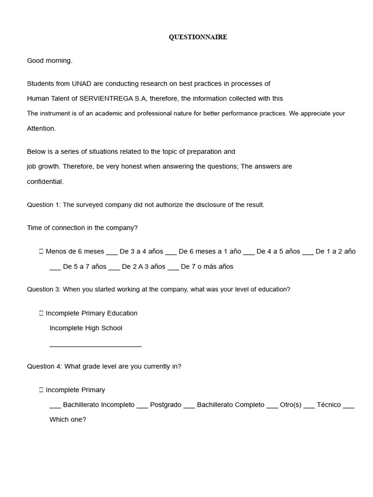 Performance Evaluation Questionnaire Servientrega S.A | PDF | Cognition | Business
