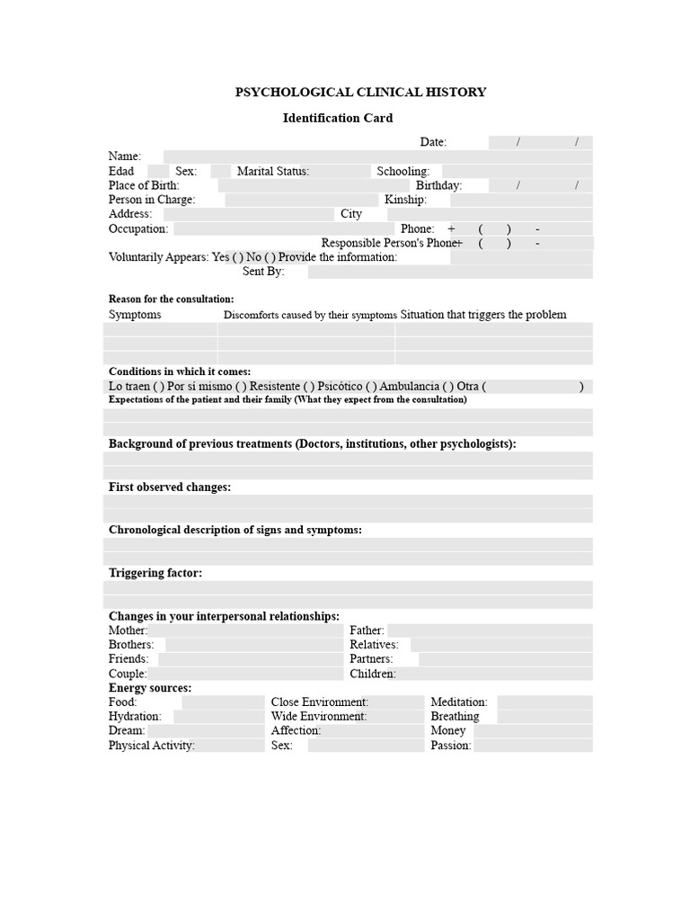 Psychological Clinical History Template | PDF | Mental Disorder | Family