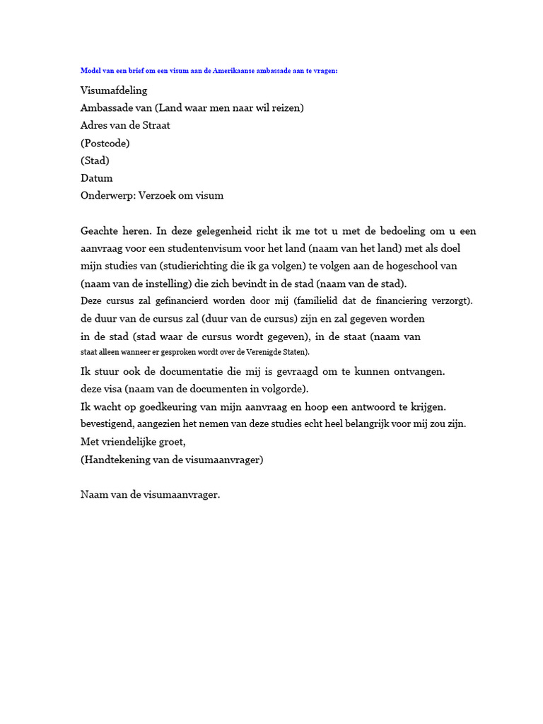 Model van een brief om een visum aan de Amerikaanse ambassade aan te ...