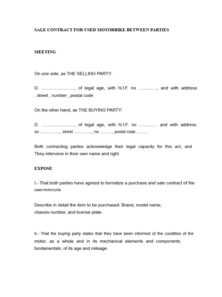 Used Motorcycle Sale Contract Template | PDF | Legal Liability | Sales