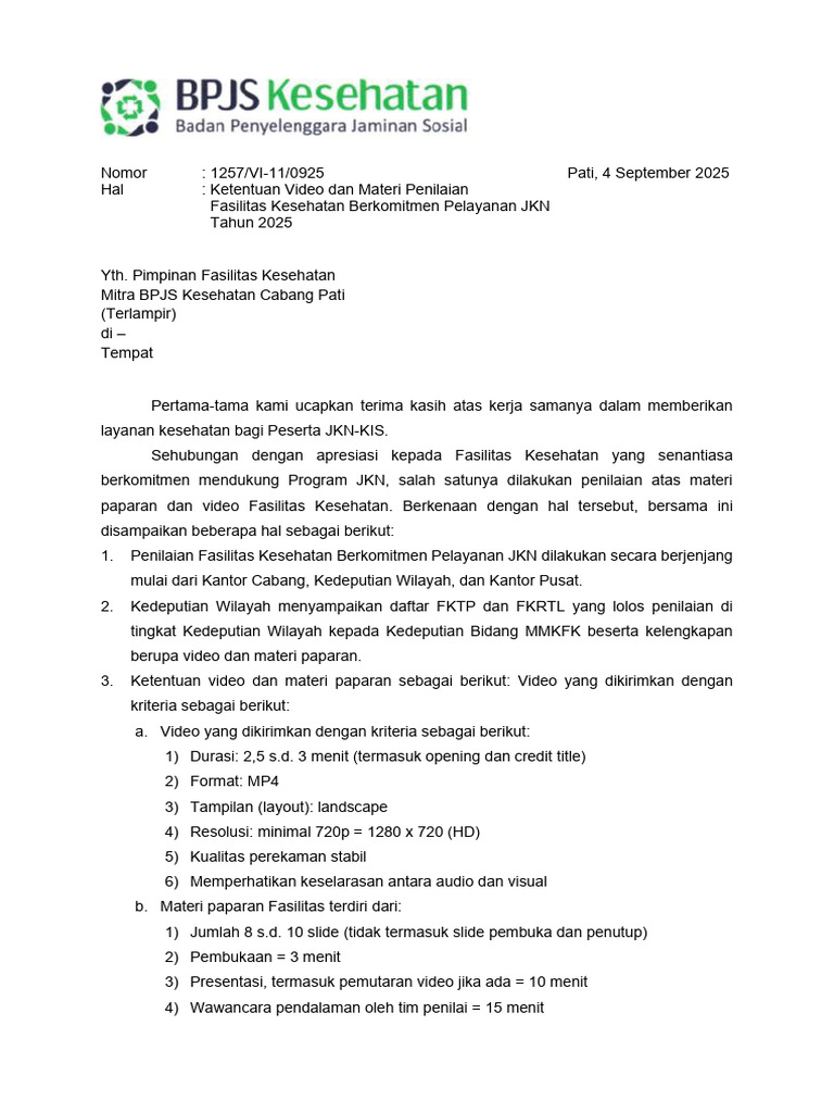 Surat 1257 - Ketentuan Video Dan Materi Penilaian Faskes Berkomitmen Pelayanan JKN Tahun 2025 | PDF