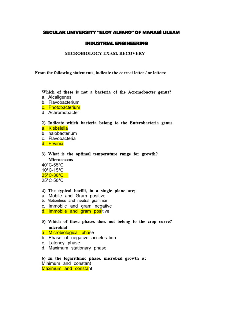 Microbiology Exam With Answers 1 | PDF | Streptococcus | Bacillus