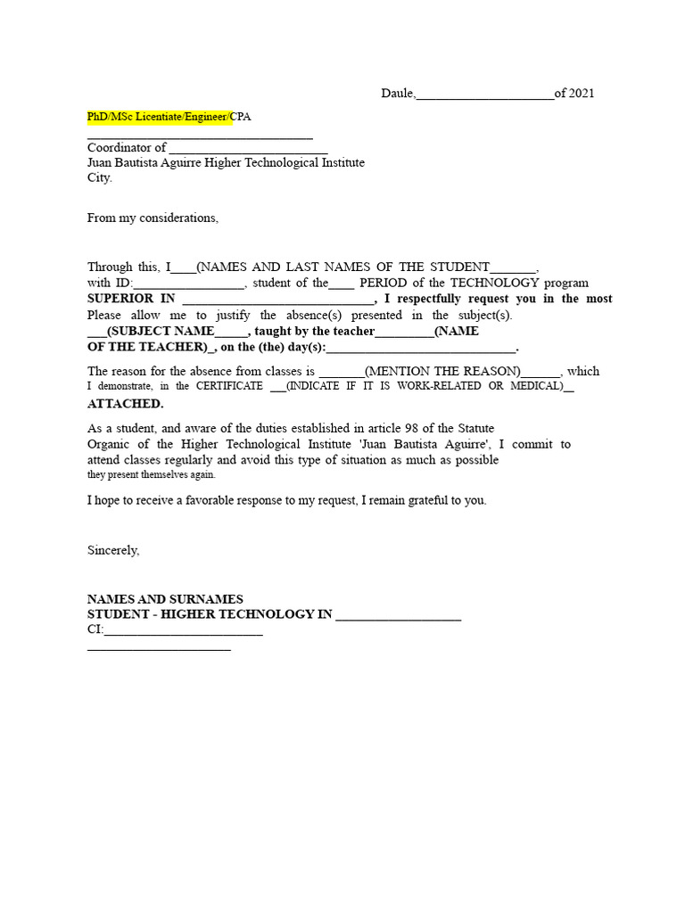 Justification Letter for Absence | PDF