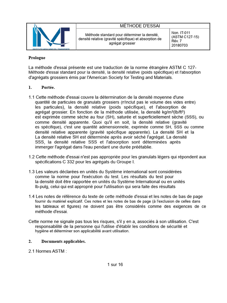 Densité et absorption des granulats grossiers | PDF | Béton | Masse