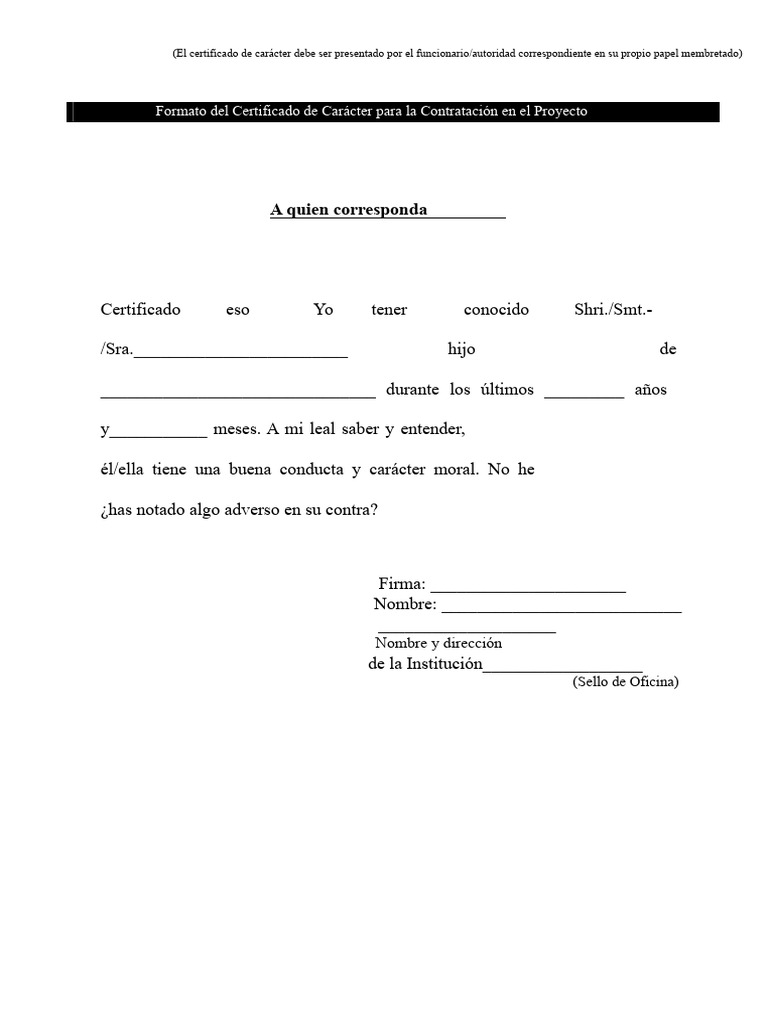 Formato de Certificado de Carácter | PDF