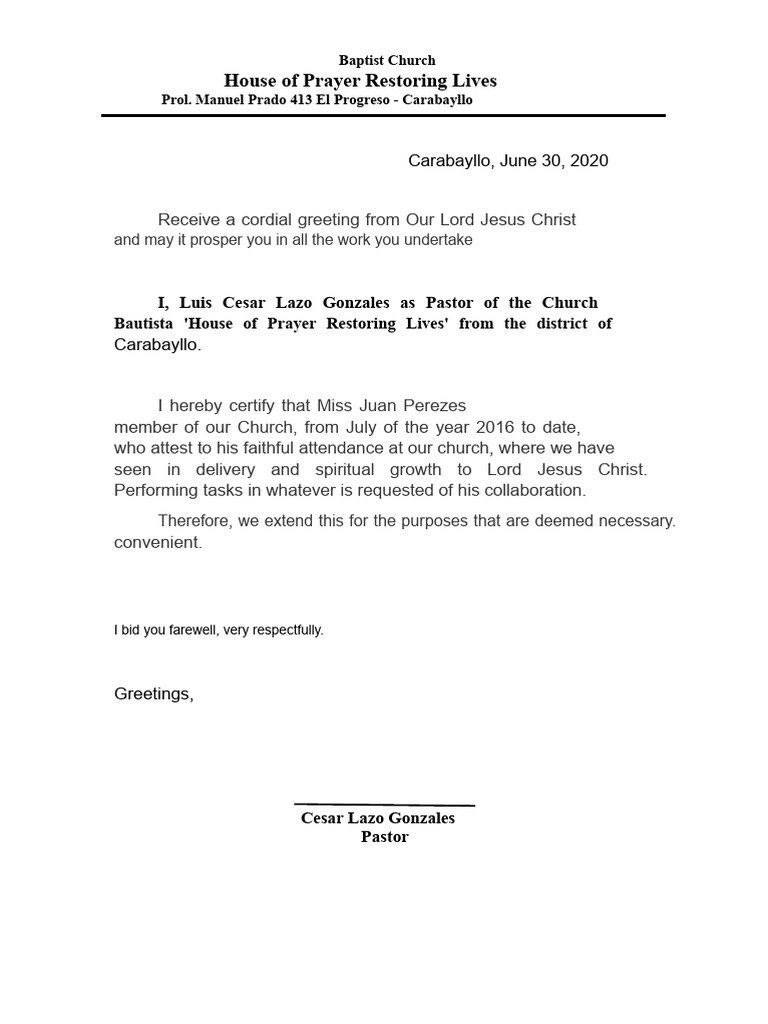 Pastoral Letter of Recommendation | PDF
