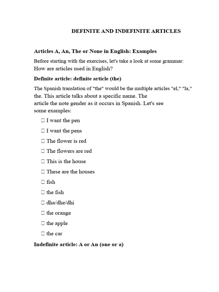 Definite and Indefinite Articles | PDF | English Language | Syntax