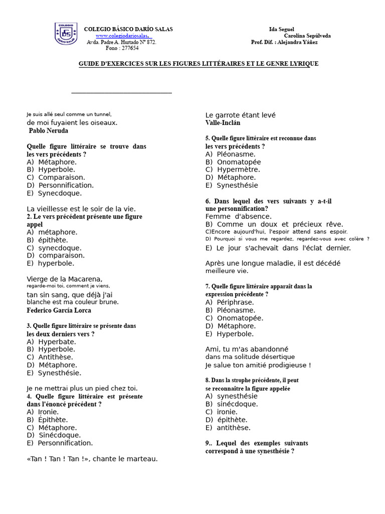 GUIDE Exercices Figures de Style | PDF | Métaphore | Techniques de ...