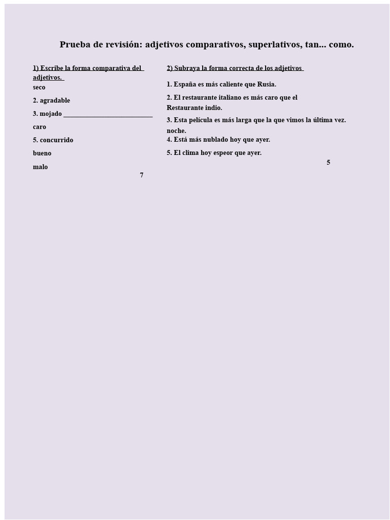 Revisión Prueba Adjetivos Comparativos Superlativos Un Ejercicio de ...