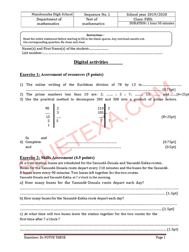 Mathematics - Mandoumba High School - Sequence N°1 - School Year 2019 ...