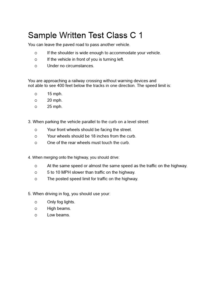 CA Sample Driver Tests Portuguese DMV Sample Class C Written Test 1 ...