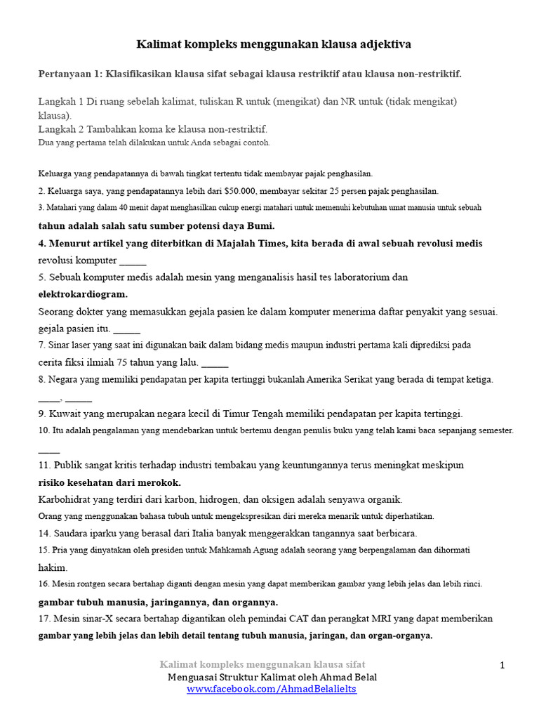 Lembar Kerja 4 - Kalimat Kompleks - Klausul Adjektiva | PDF