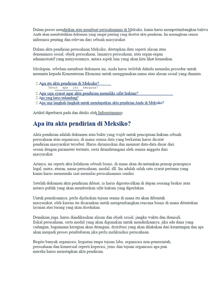 Panduan Akta Pendirian Perusahaan Meksiko | PDF