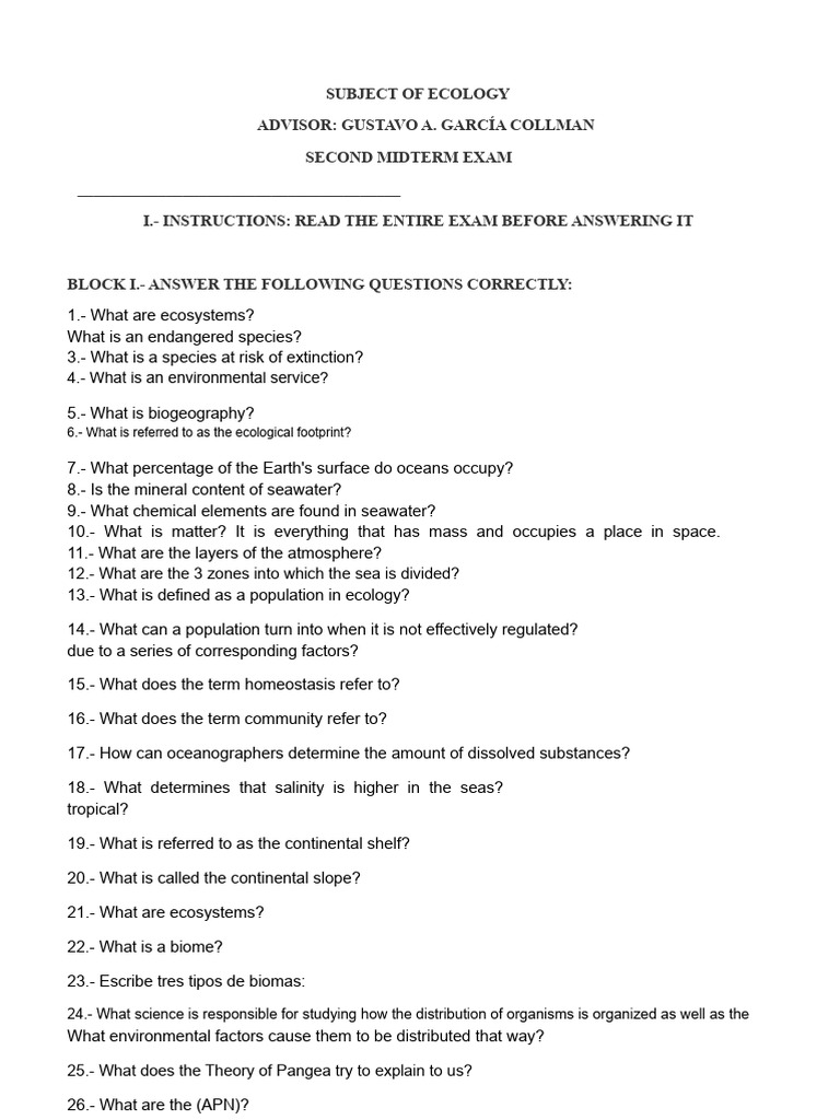 Ecology Midterm Exam Questions | PDF | Oceans | Ecology