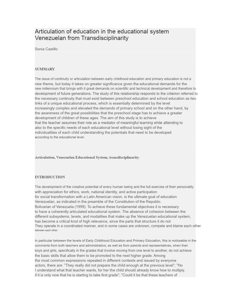 Articulation of Education in The Venezuelan Educational System From ...
