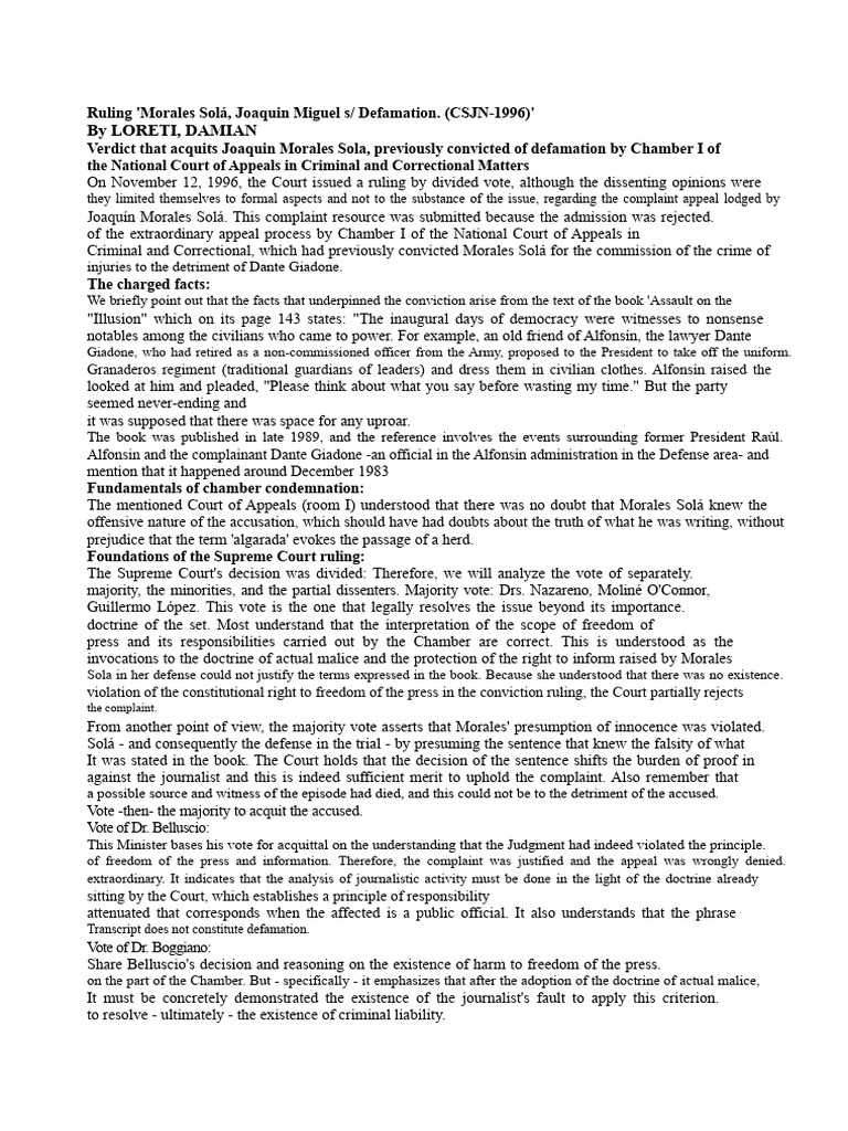 Summary of Morales Sola Ruling | PDF | Acquittal | Defamation