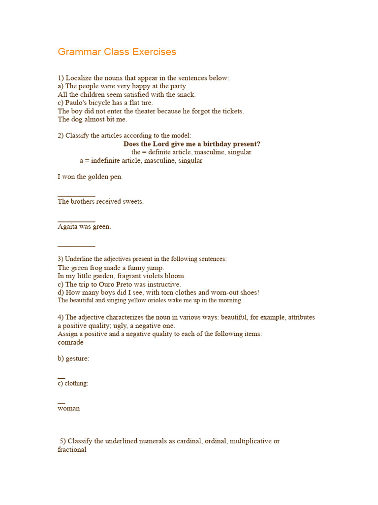 Grammar Class Exercises 7th Grade | PDF | Noun | Grammatical Number