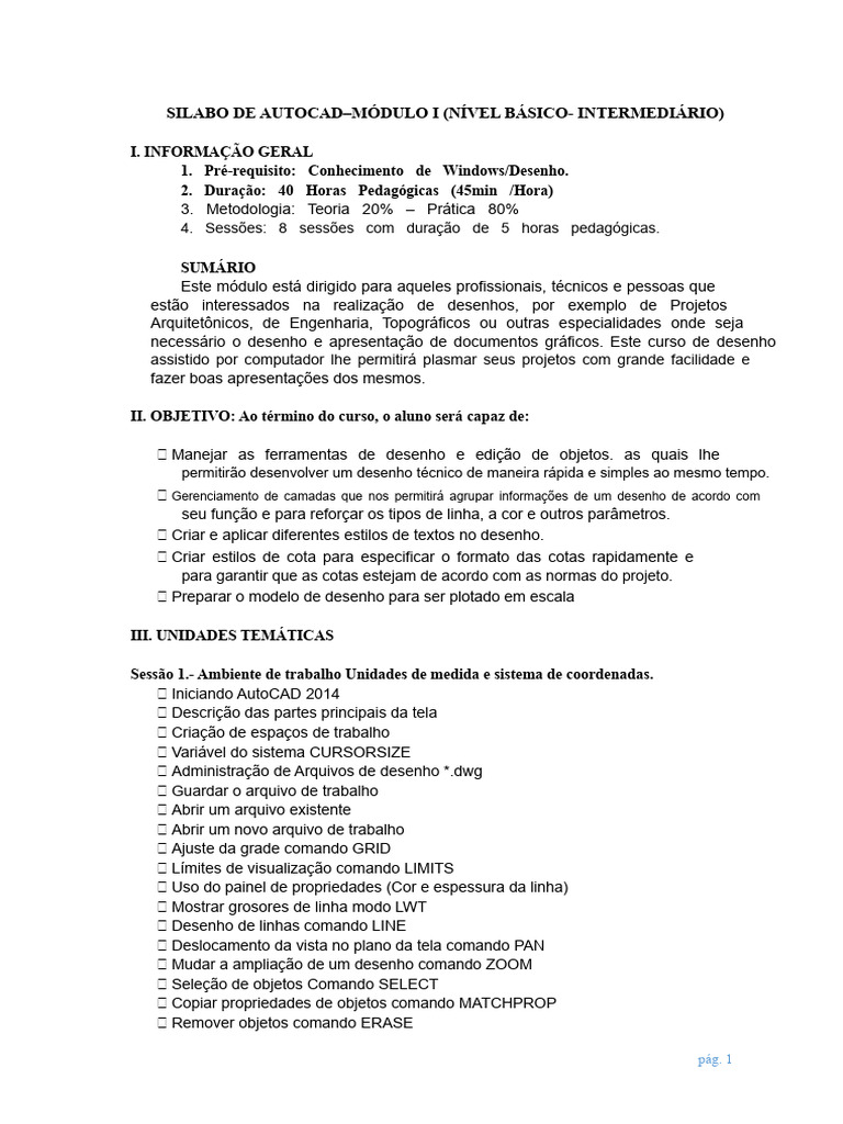 SÍLABO DE AUTOCAD MÓDULO I | PDF | Auto Cad | Desenho