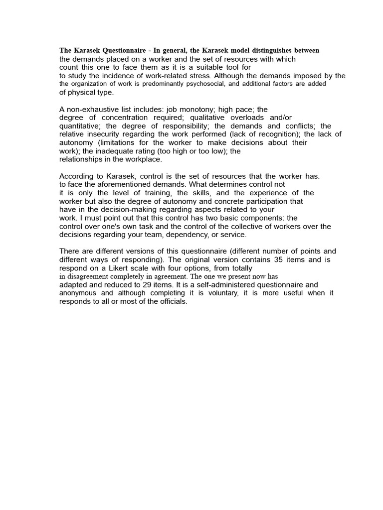 The Karasek Questionnaire | PDF | Occupational Stress | Questionnaire