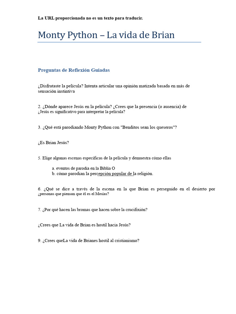Semana 5 - Monty Python - La Vida de Brian - Preguntas Guiadas | PDF