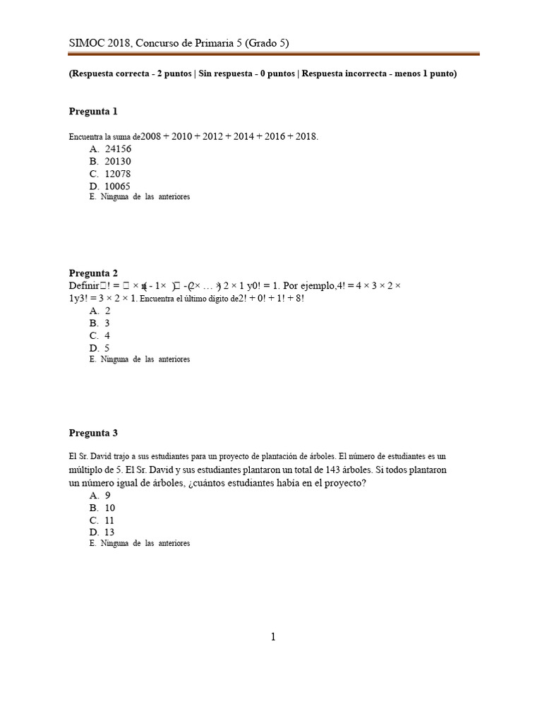 Grado 5 SIMOC 2018 | PDF | Matemáticas