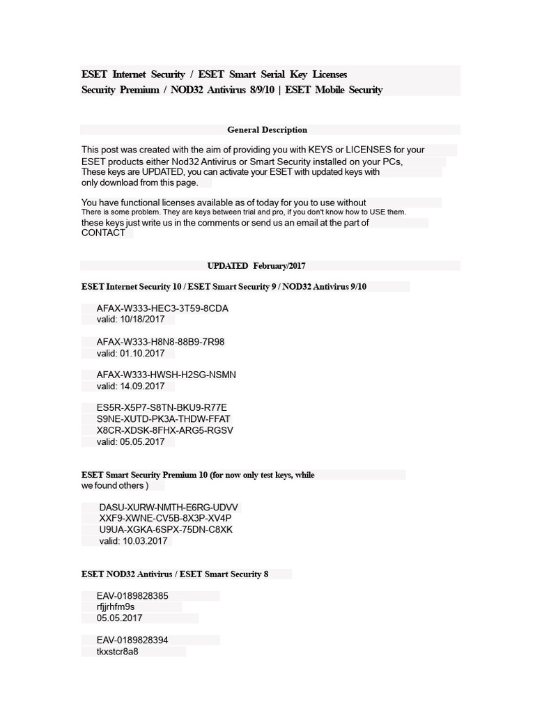 ESET Internet Security Serial Keys Licenses | PDF