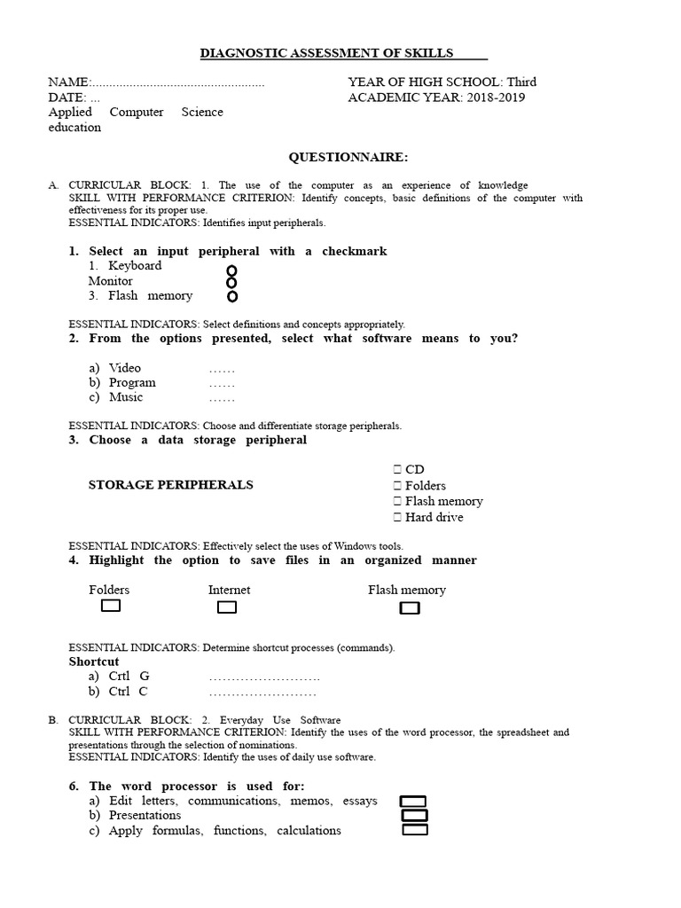 High School Computer Skills Assessment | PDF | Spreadsheet | Computer ...