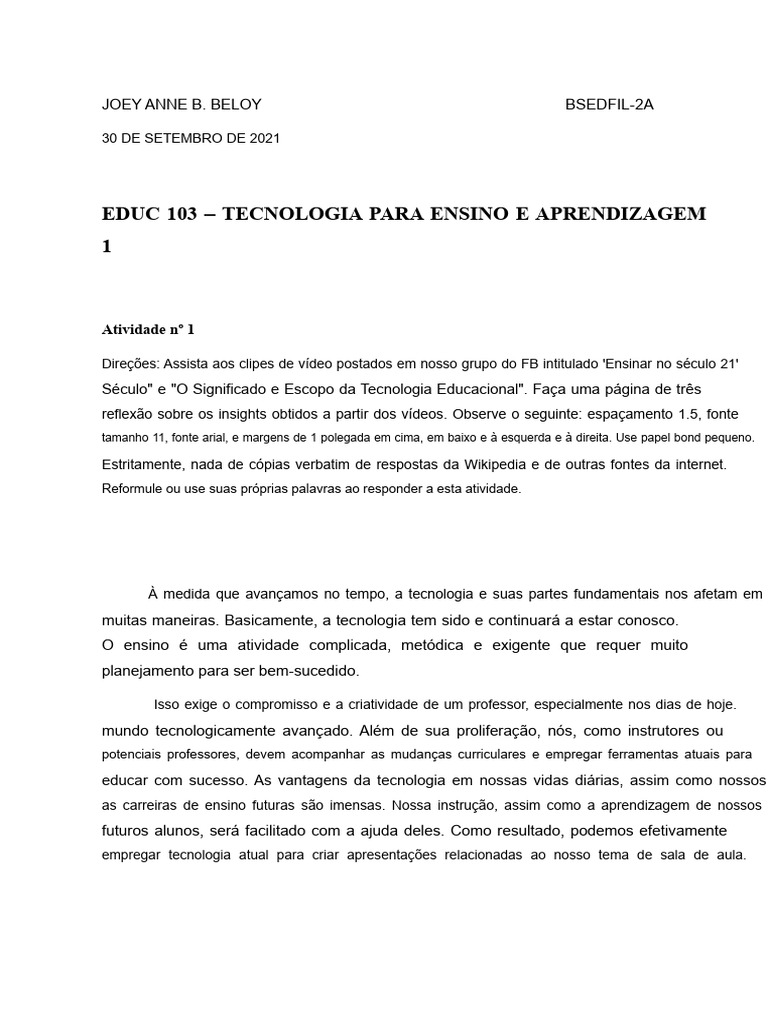 Papel de Reflexão Educ 103 | PDF | Tecnologia educacional | Aprendizado