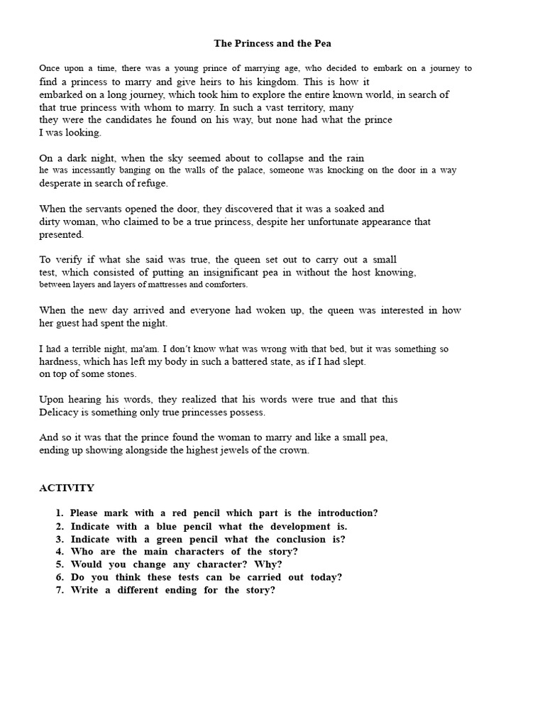 Princess and the Pea Summary & Activities | PDF