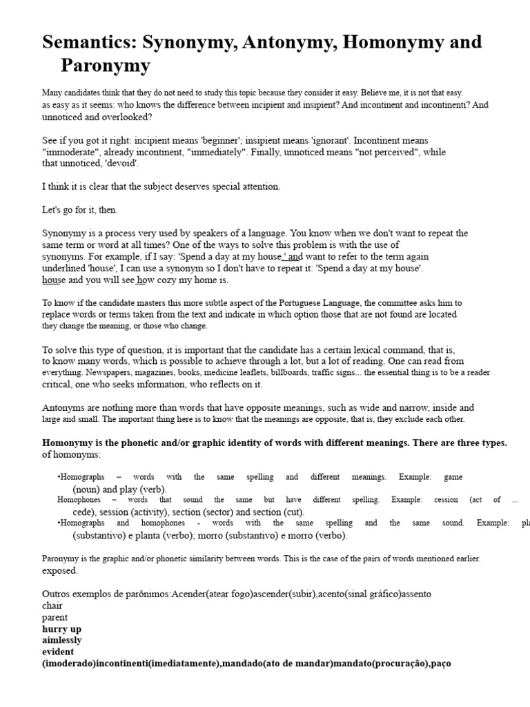 18 - Semantics - Synonymy, Antonymy, Homonymy, and Paronymy | PDF ...