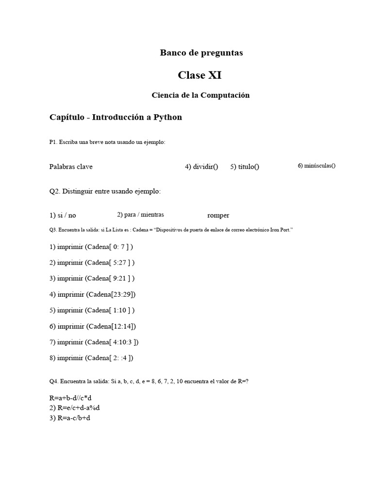 Banco de Preguntas Clase XI Informática | PDF | Python (lenguaje de programación) | La seguridad ...