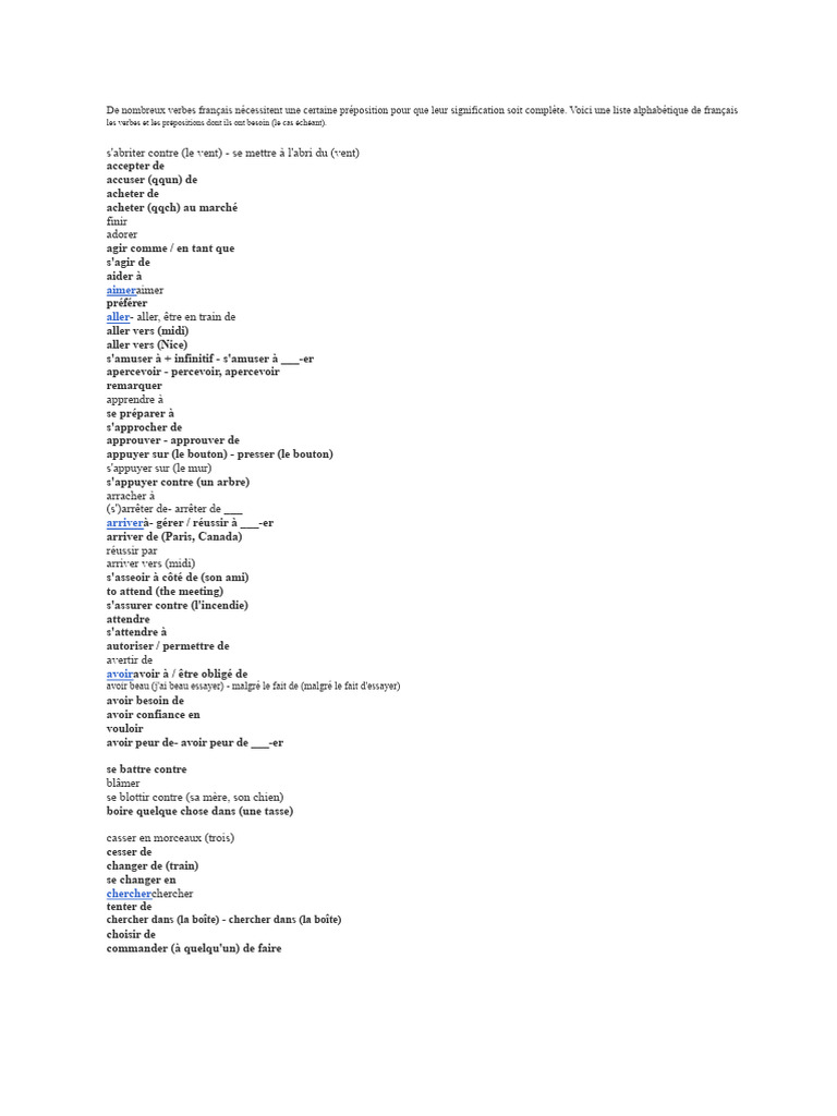 Verbes Et Prépositions Français | PDF