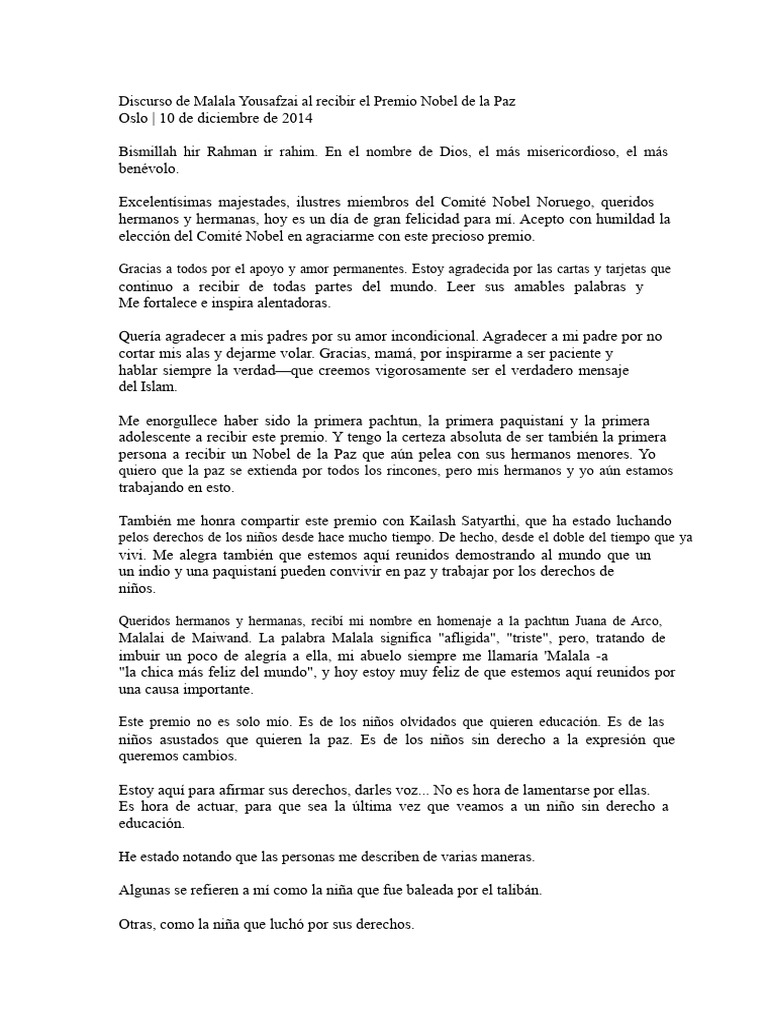 Discurso de Malala Yousafzai en el Nobel | PDF | Malala Yousafzai