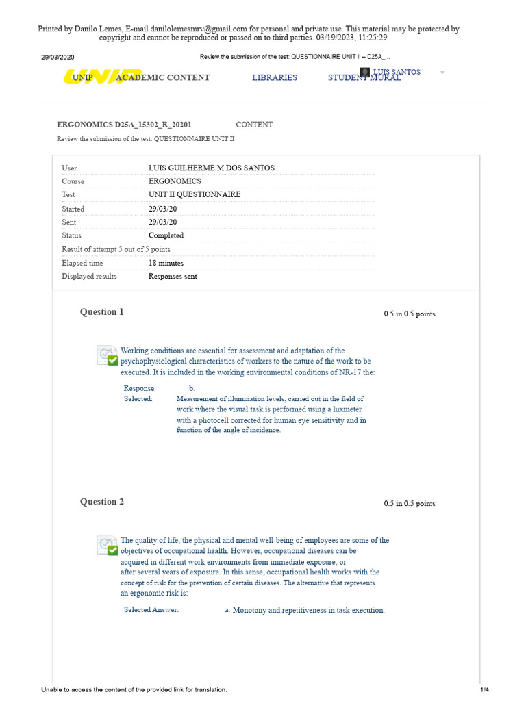 Ergonomics QUESTIONNAIRE UNIT II UNIP - Passei Direto | PDF ...
