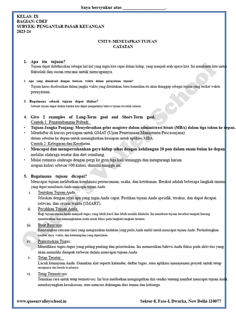 Unit-9 Pasar Keuangan Ix Menetapkan Tujuan Catatan | PDF