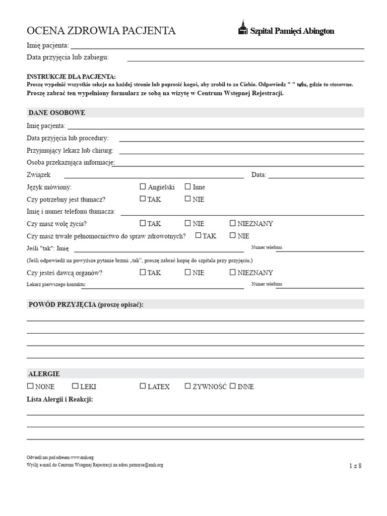 Formularz Oceny Stanu Zdrowia | PDF